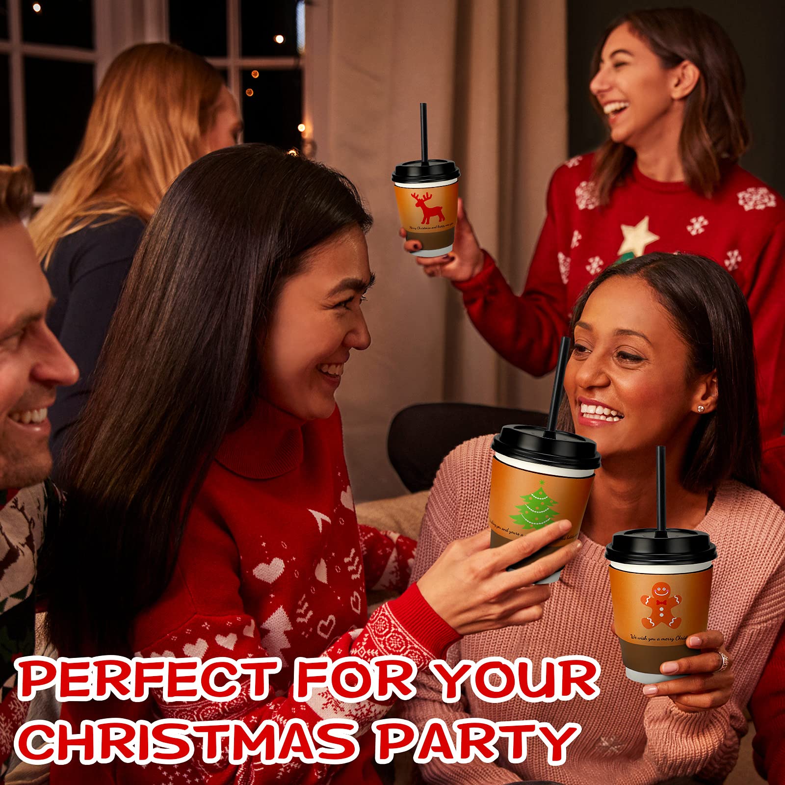 40 Pieces Christmas Coffee Cup Tea Cup Sleeves Christmas Kraft Disposable Cup Sleeves 5 Designs for Corrugated Cup Paper Jacket for Hot Chocolate Cocoa Cold Beverage