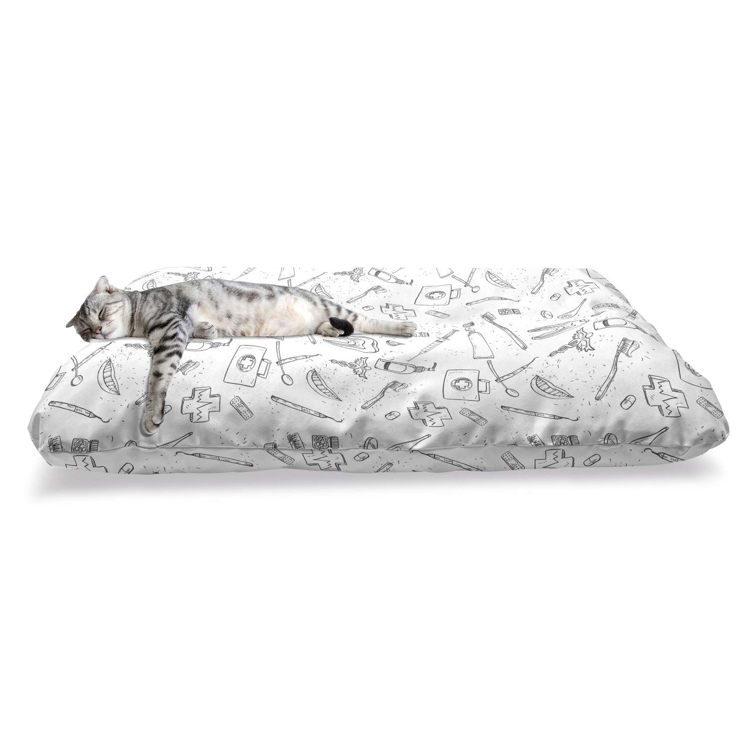 Ambesonne Hipster Pet Bed, Hand Drawn Style Pattern with Dental Hygiene Theme Teeth Care Cleaning, Chew Resistant Pad for Dogs and Cats Cushion with Removable Cover, 24" x 39", Black and White