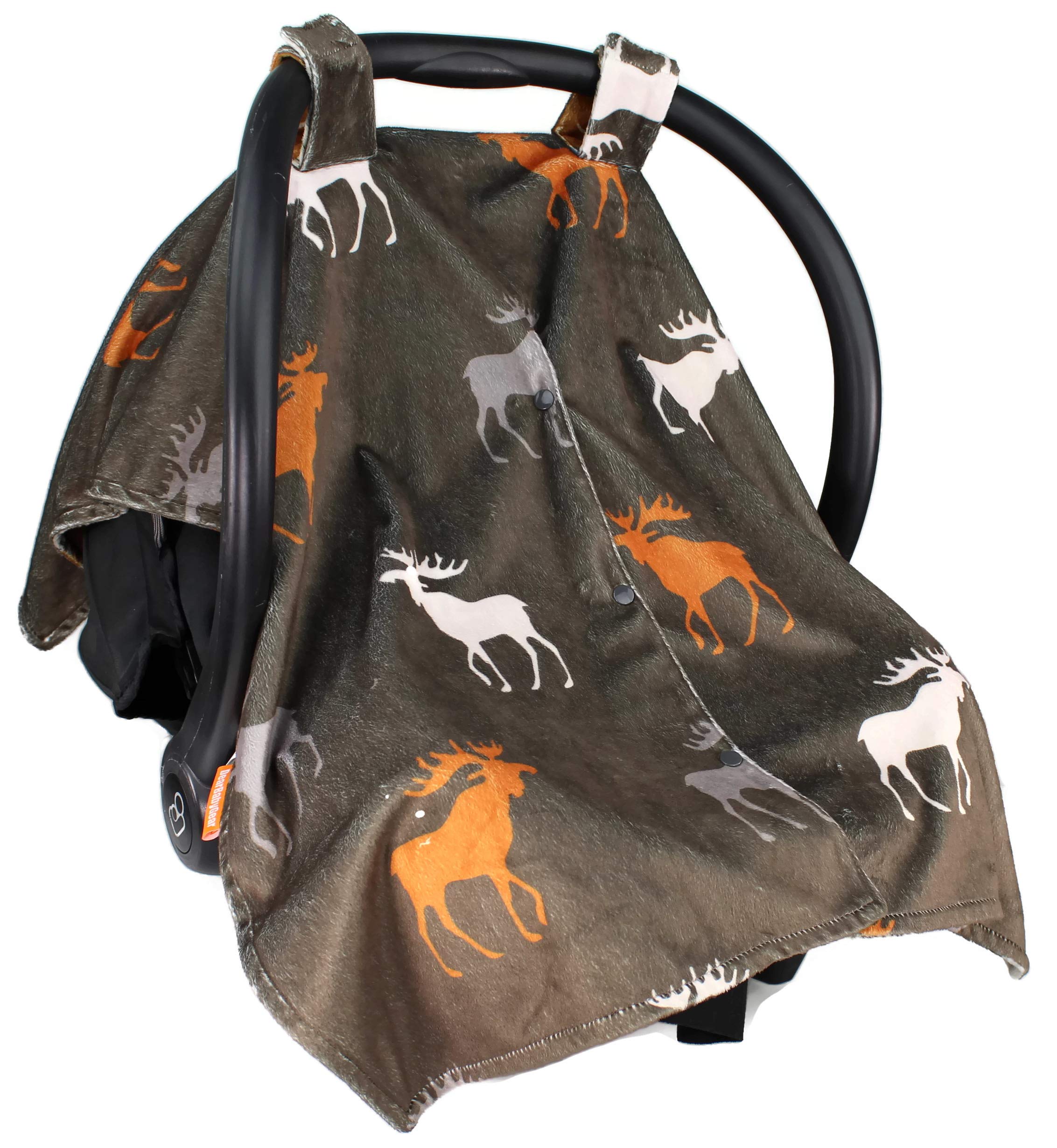 Dear Baby Gear Deluxe Reversible Car Seat Canopy, Custom Minky Print, Faux Quilt Rust Adventure and Moose on Brown