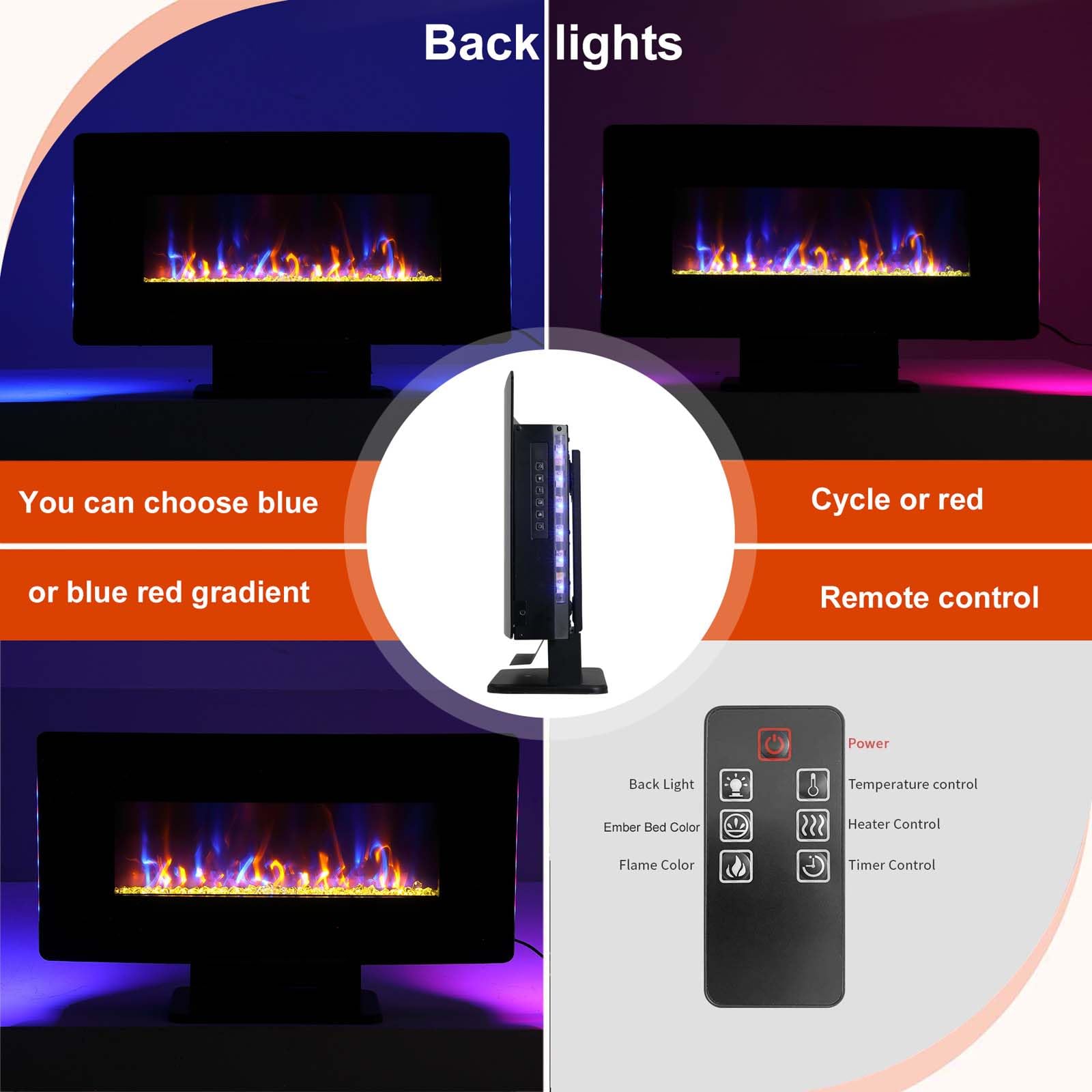 36" Electric Fireplace w/Remote Control, 2 in 1 Wall-Mounted/Freestanding Fireplace Heater w/Timer, Remote Control, Adjustable Flame Color for Bedroom Living Room