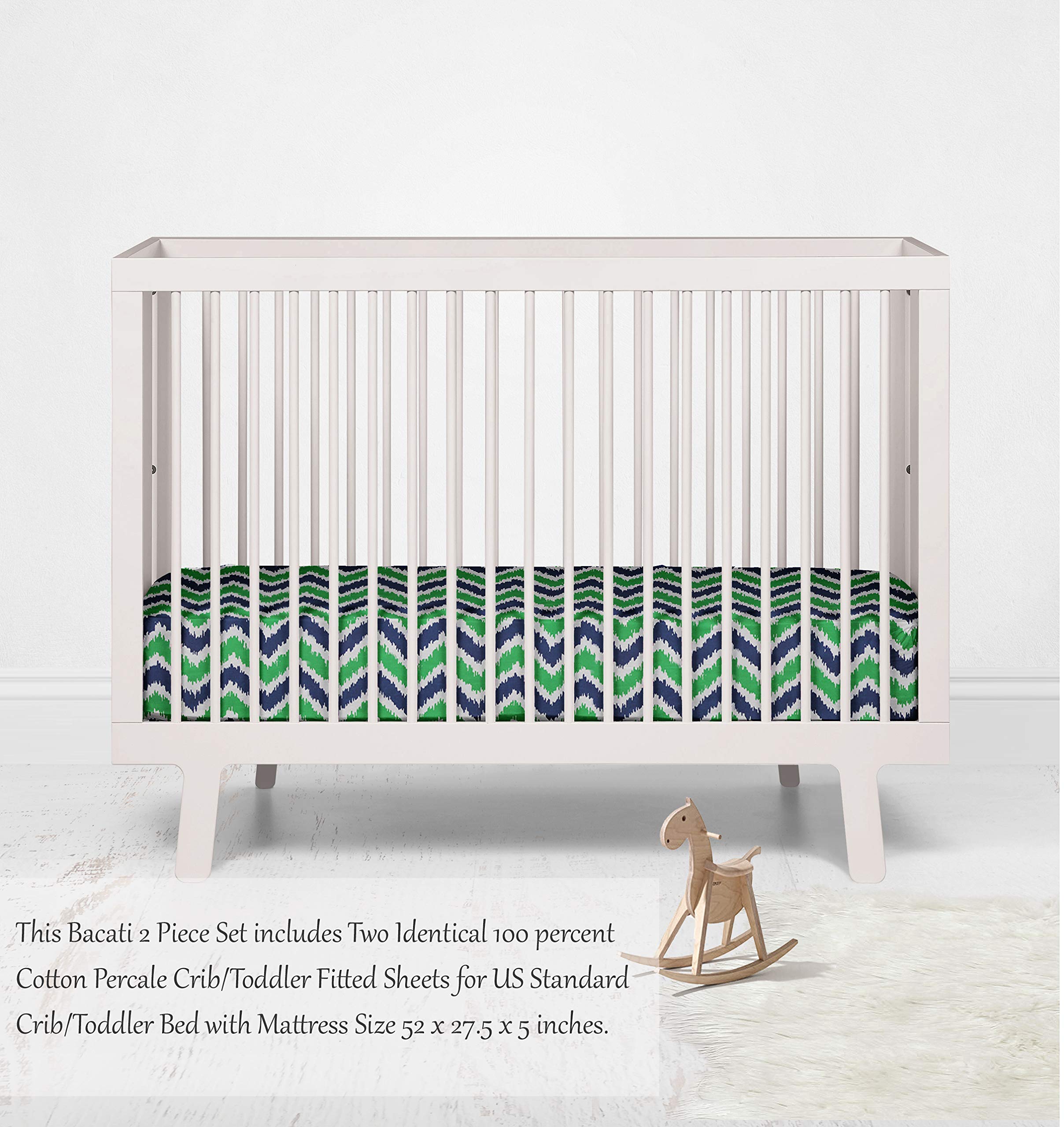 Bacati - 2 Pack Crib Fitted Sheets - Mix and Match Ikat Zigzag Chevron Soft Breathable 100% Cotton Percale Baby Sheets - Fits Standard 28 x 52 X 5 inches Crib & Toddler Mattresses(Navy Green)