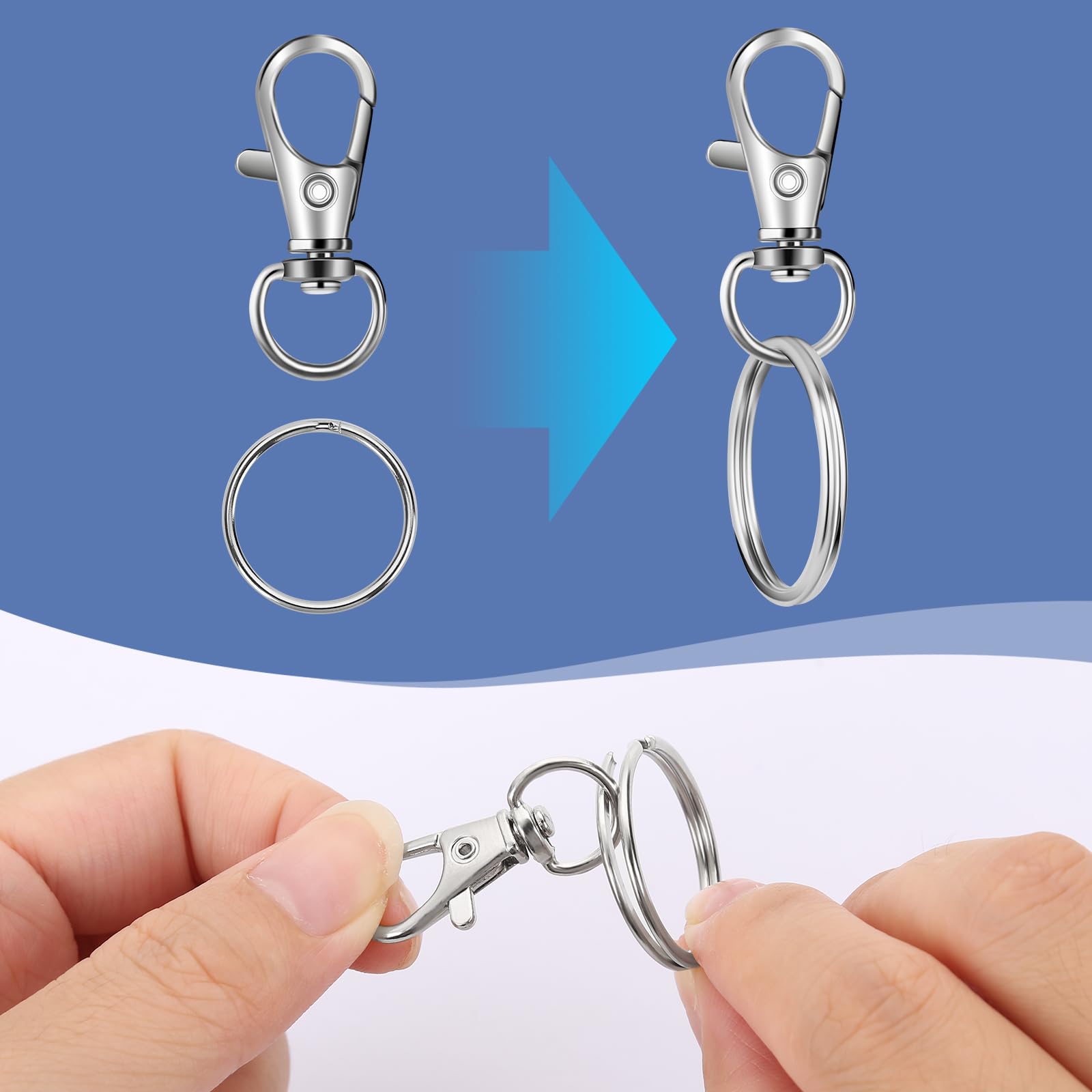 50 PCS in 25 Sets, Metal Swivel Lobster Claw Clasps, Keychain Clip with Large Key Ring, Premium Keychains Clips, Snap Hooks and Sturdy Key Rings, for Key Chain Making Kit,HnoaTovy (Silver)