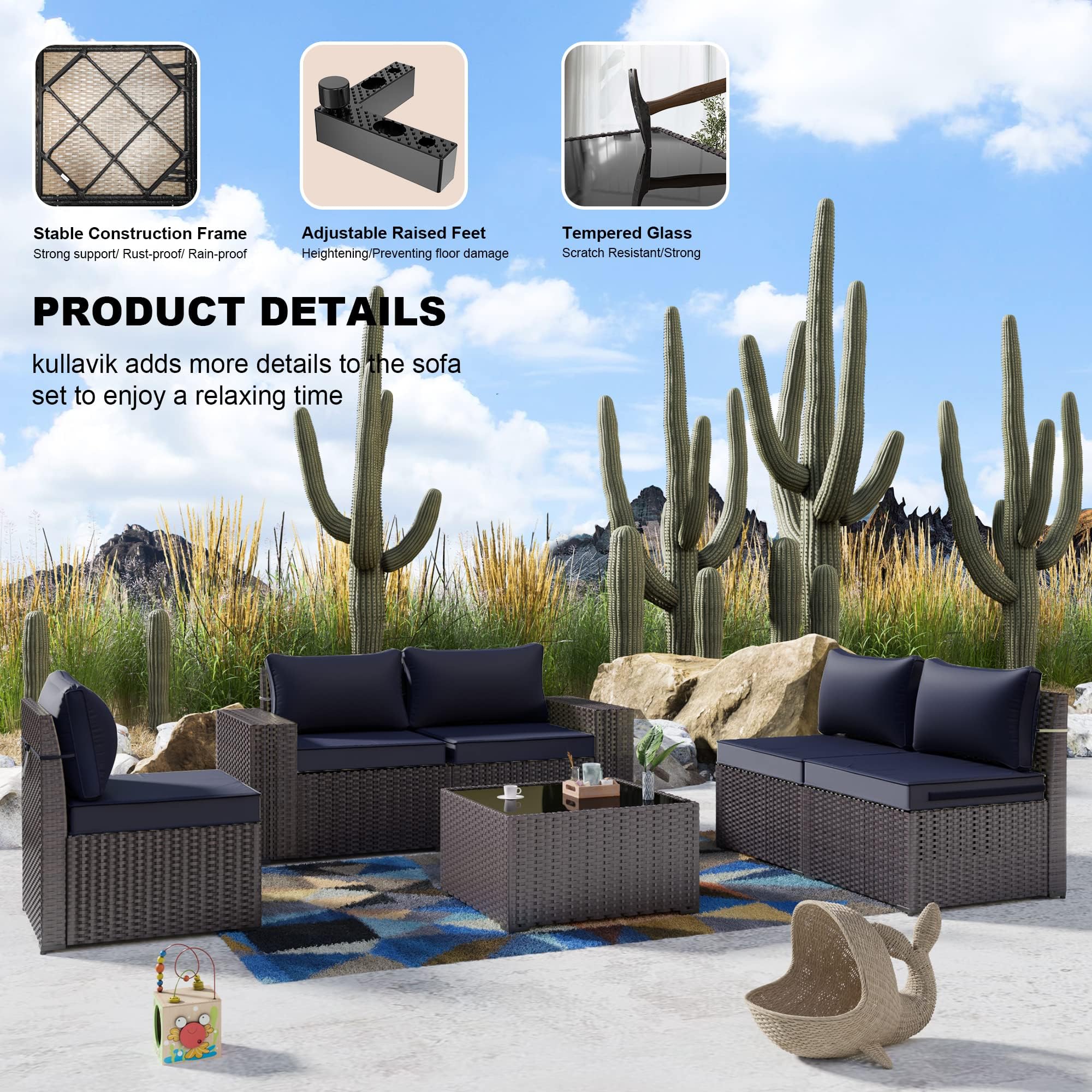 Kullavik 6PCS Outdoor Patio Furniture Set PE Wicker Rattan Sectional Sofa Patio Conversation Sets,Navy Blue