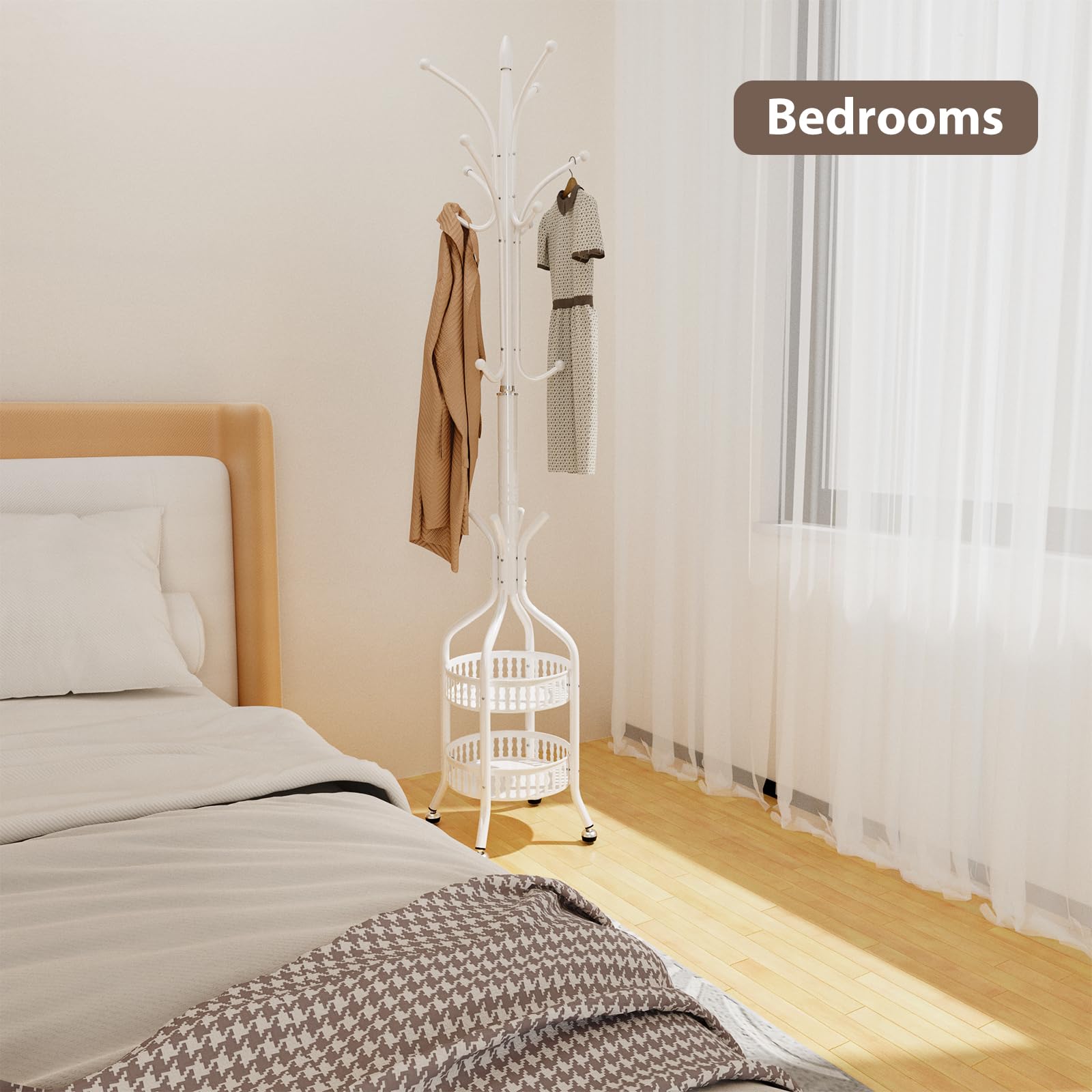 LAZEYARD Modern Metal Coat Rack Stand with Double Layer Basket,Coat Rack Freestanding Hat Hall Tree with 12 Hooks For Hanging Scarf,Bag,Jacket,Hat Coat Hanger Stand for Home Entry-way,Bedroom,Office