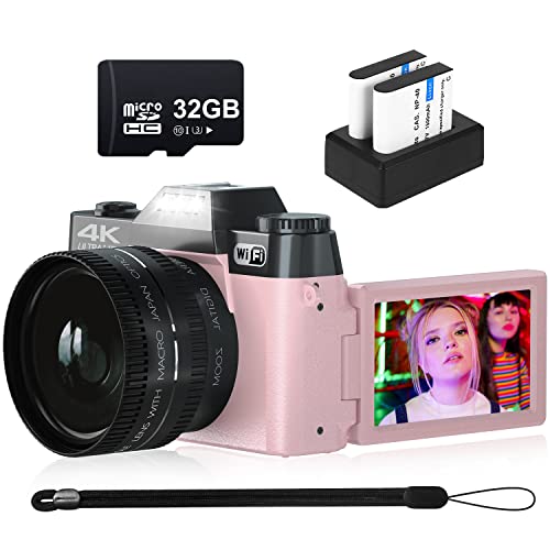 Digital Camera for Photography VJIANGER 4K 48MP Vlogging Camera for YouTube with WiFi, 16X Digital Zoom, 52mm Wide Angle & Macro Lens, 2 Batteries, 32GB TF Card(W02-Pink31)