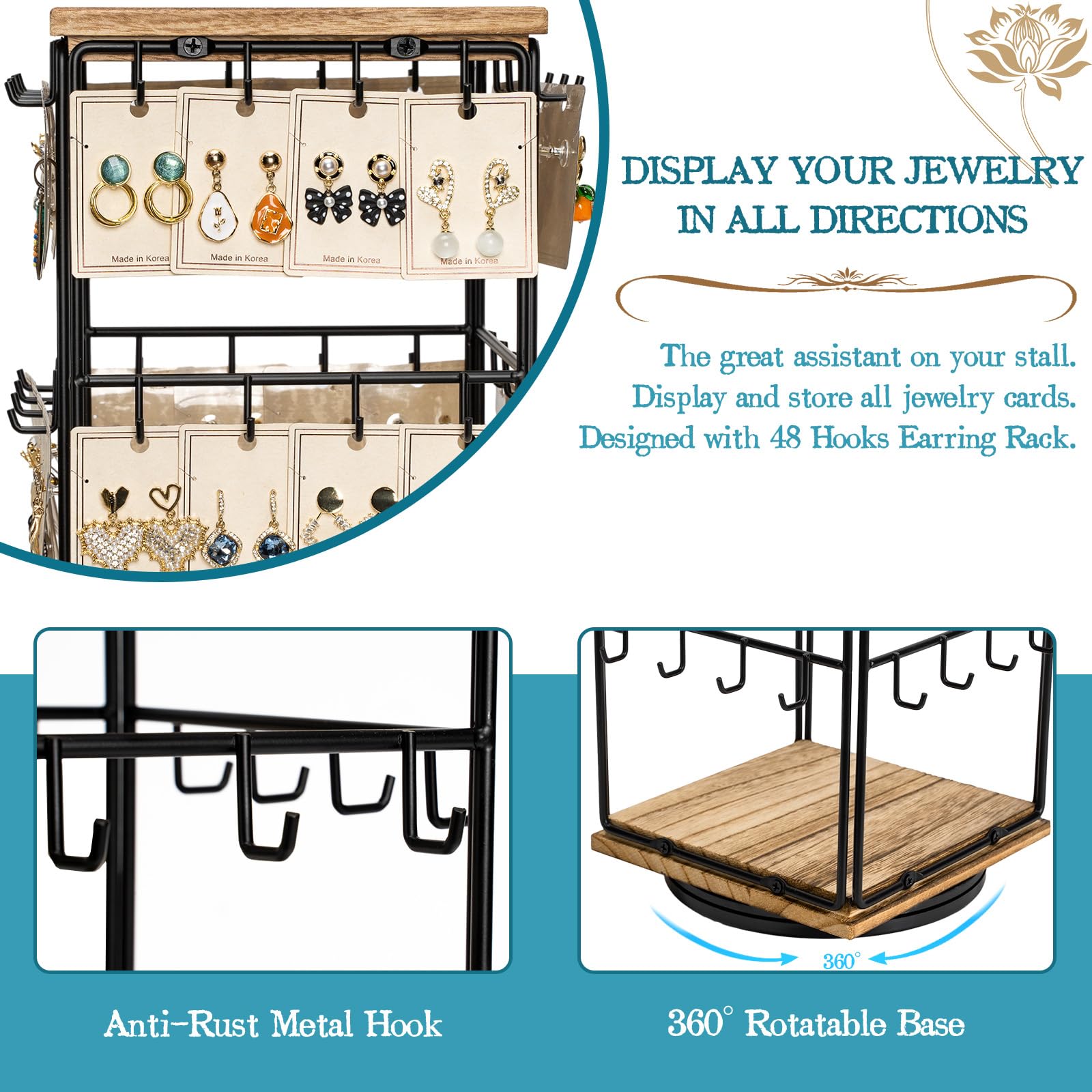 Yoimori 360 Rotating Earring Display Stands for Selling, Earring Rack Display Holder Stand, Jewelry Display for Vendors Selling Earring Cards, Necklaces, Bracelets, Hair Accessories (48 Hooks)