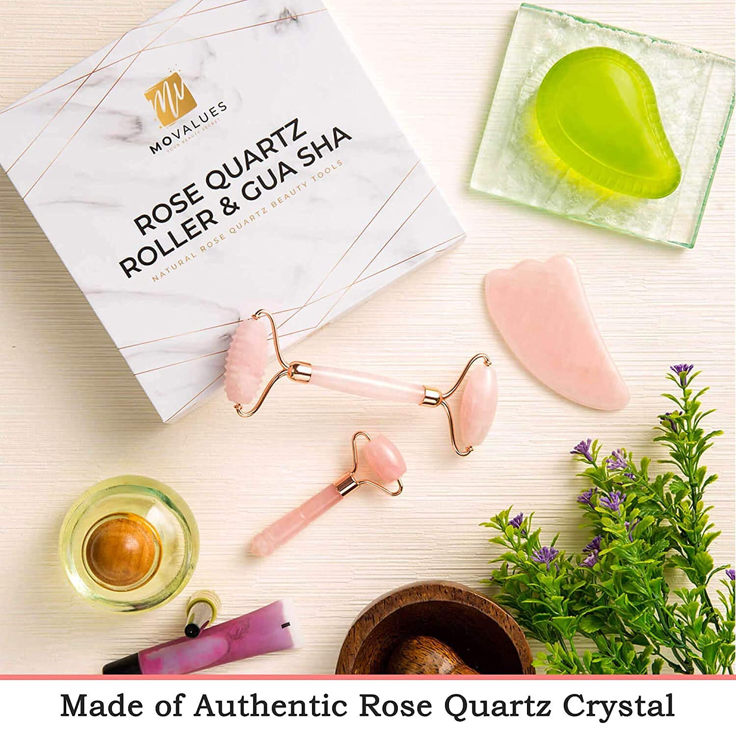Rose Quartz Roller with Gua Sha, Mini Eye Roller set - Jade Roller for Face - Face Roller 100% Natural Authentic Crystal - Face Massager, Facial Roller for Skin Care, Eyes, Neck - Tones, Firms, Depuff