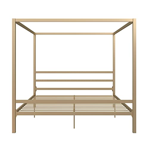 DHP Modern Metal Canopy Platform Bed with Minimalist Headboard and Four Poster Design, Underbed Storage Space, No Box Spring Needed, King, Gold