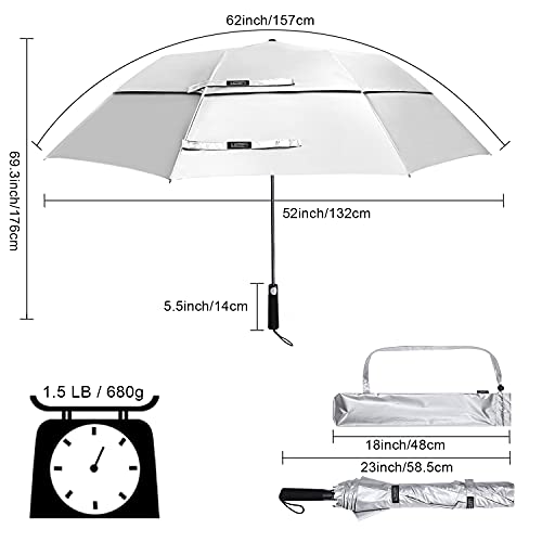 G4Free 62 Inch Portable UV Protection Large Golf Umbrella Automatic Open Double Canopy Big Sun Umbrella Windproof Oversize Sports Umbrellas(Silver/Black)