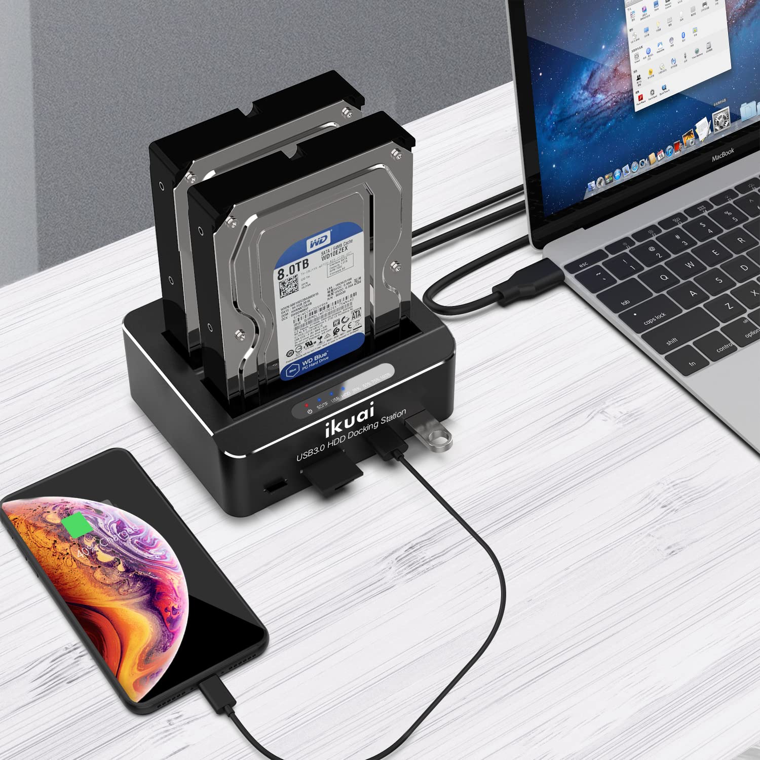 ikuai SATA to USB 3.0 Dual Bay Hard Drive Dock for 2.5"/3.5" SATA HDD SSD with Micro SD Card Reader 2 USB 3.0 Port, Offline Clone Function External Hard Drive Docking Station, 2X20TB and UASP Support