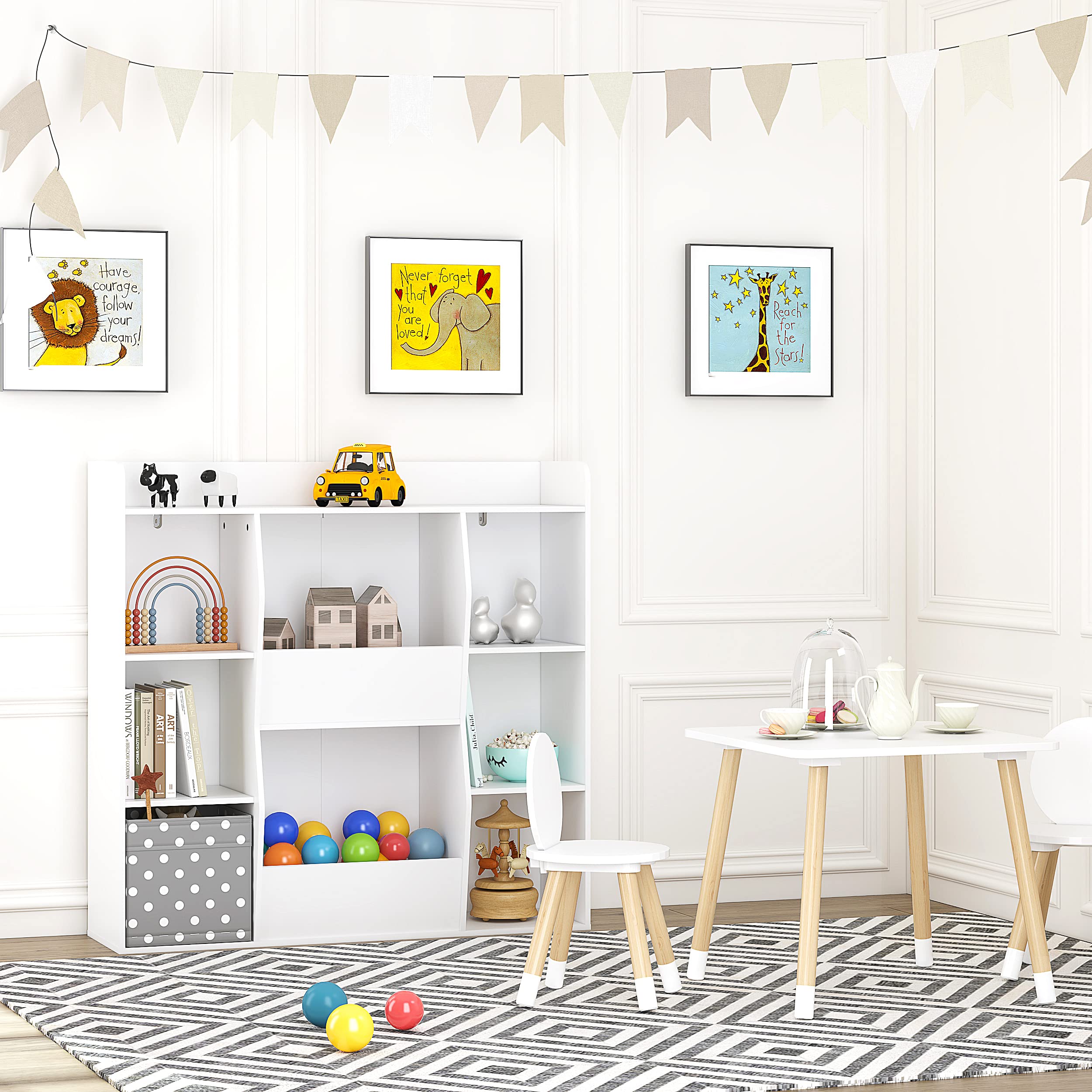 UTEX Kids Toy Storage and Bookshelf, Multifunctional Bookcase with 8 Cubbies and Bins, Open Kids Bookshelf Organizer Display Stand, Large Toy Storage Cabinet for Kids Room, Classroom, Nursery, White