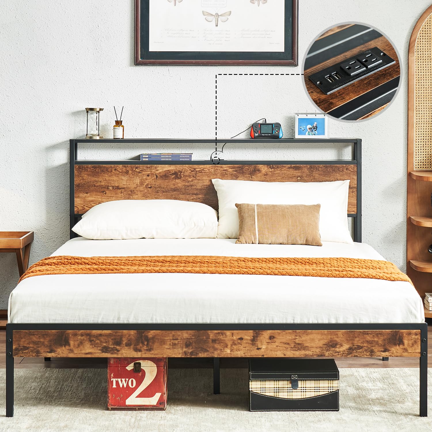 Ljirnt Queen Size Bed Frame, Platform Bed Frame with 2-Tier Storage Headboard and Power Outlets, USB Ports Charging Station, Easy Assembly, No Box Spring Needed (Brown)