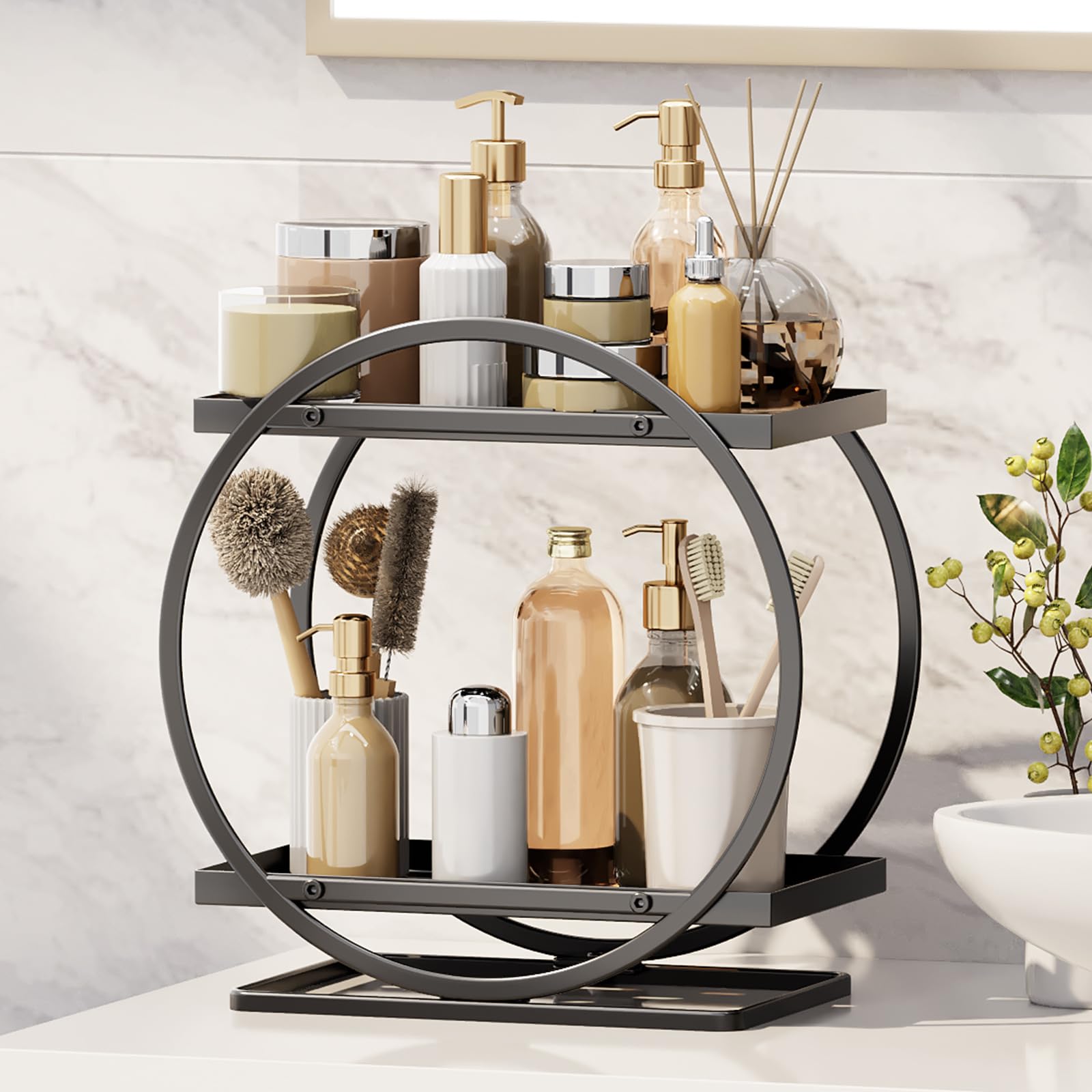 YFUIF 2 Tier Perfume Organizer, Bathroom Organizer Countertop, Dresser Makeup Vanity Skincare Storage Tray Shelf Rack Senior Room Decor Aesthetic Display Accessories (Black Gold)
