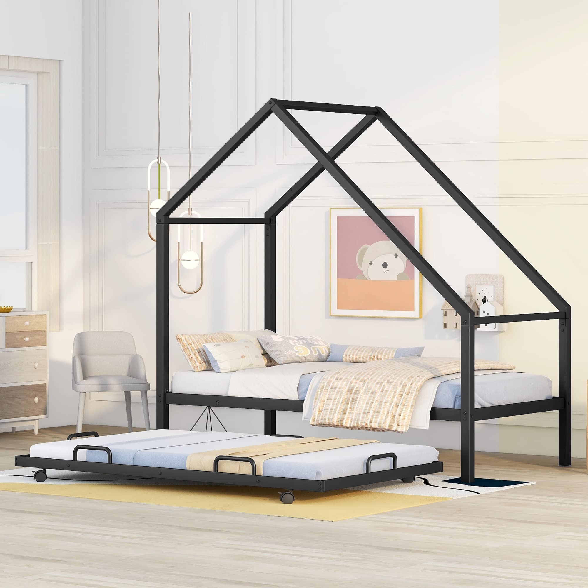 Metal House Bed with Trundle, Montessori Bed Twin Size Platform Bed Frame with Roof, Tent Bed, Modern Style Heavy-Duty Steel Frame Playhouse Bed for Kids Teens Girls Boys (Twin, Black)