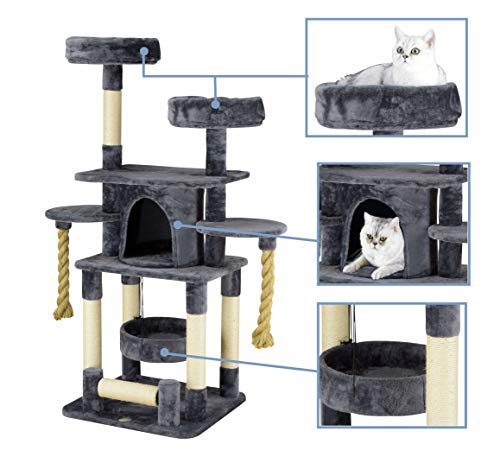 Go Pet Club 57.5" Jungle Rope Cat Tree Kitty Condo Tower House Furniture with Swing Bed and Spinning Scratching Post, Slate Gray