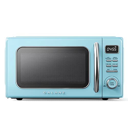 Galanz GLR31TBEER Retro Compact Refrigerator, Mini Fridge with Dual Doors, 3.1 Cu FT, Blue & GLCMKZ11BER10 Retro Countertop Microwave Oven with Auto Cook & Reheat, Defrost, 1.1 cu ft, Blue