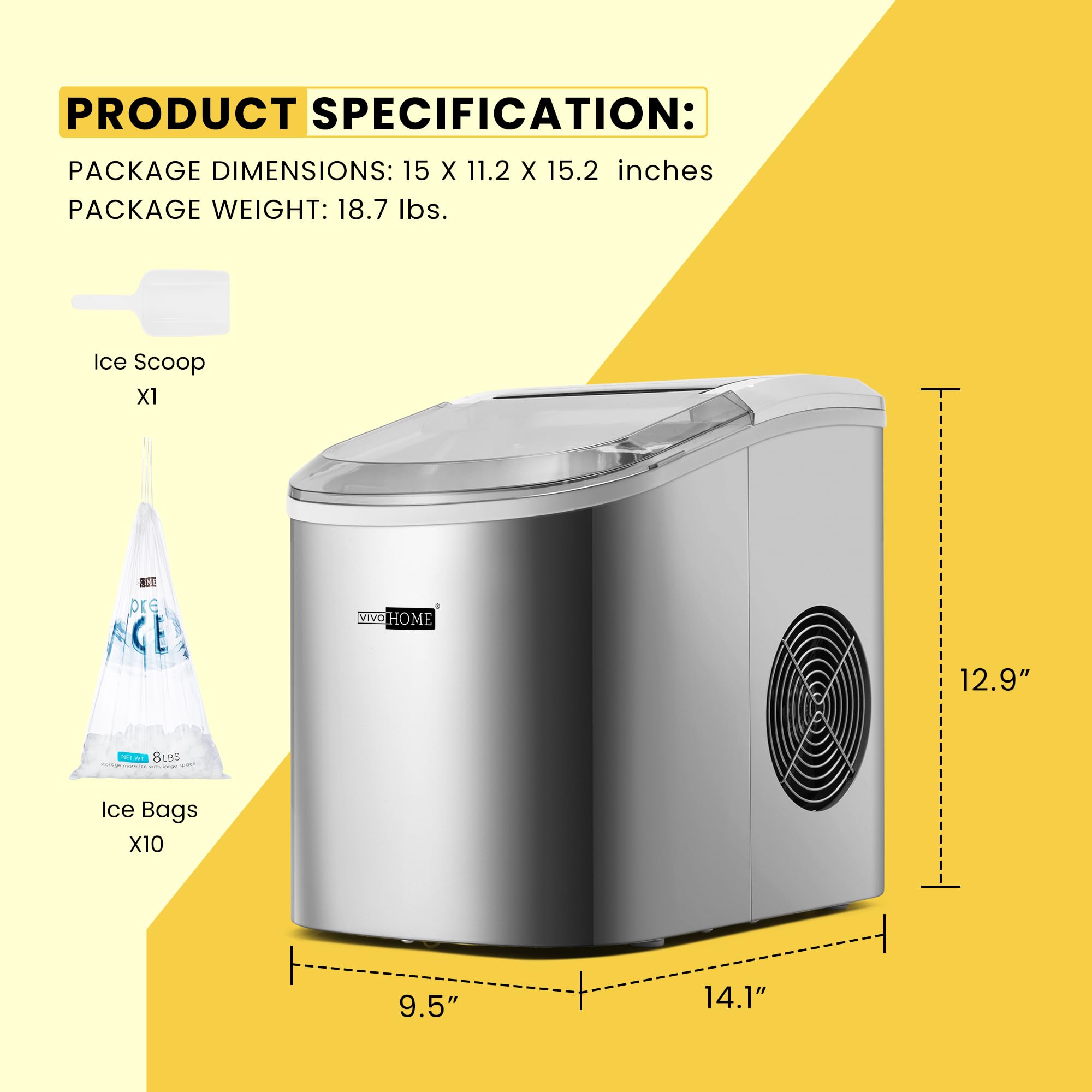 VIVOHOME Electric Portable Compact Countertop Automatic Ice Cube Maker Machine with Hand Scoop 10 Ice Bags and Self Cleaning Function 27lbs/Day Silver