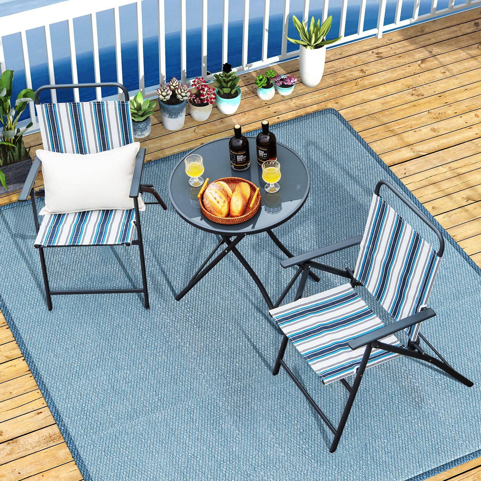 Tangkula 3 Piece Outdoor Folding Chair Set, 2 Folding Chairs with Folding Table, Heavy-Duty Metal Frame, Outdoor Dining Chair Set, Portable Patio Bistro Set for Backyard, Poolside, Balcony