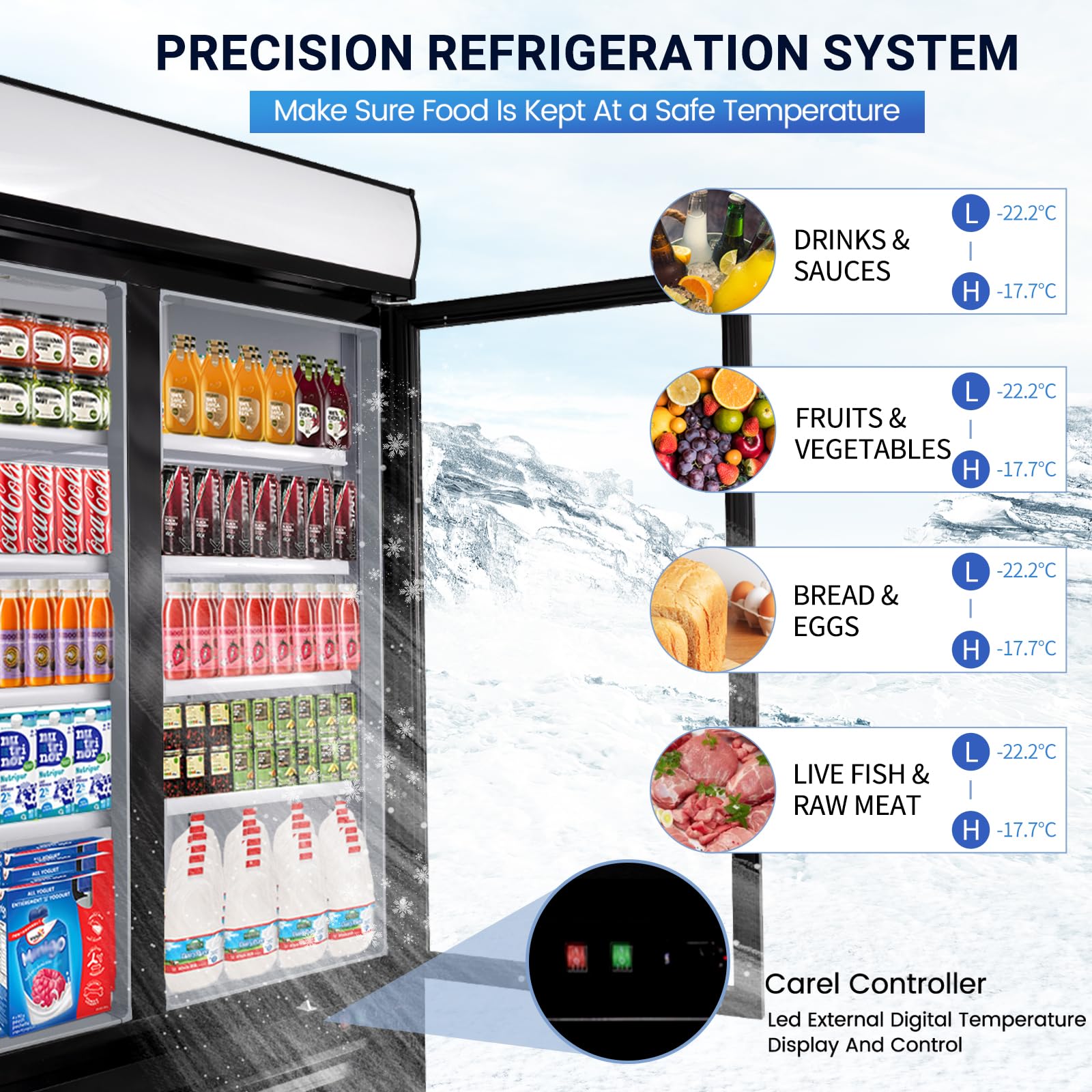 kalifon Commercial Glass 2 Door Display Refrigerator 49 Cu.Ft Beverage Cooler Merchandiser Upright with LED Light for Home Restaurant Grocery Stores