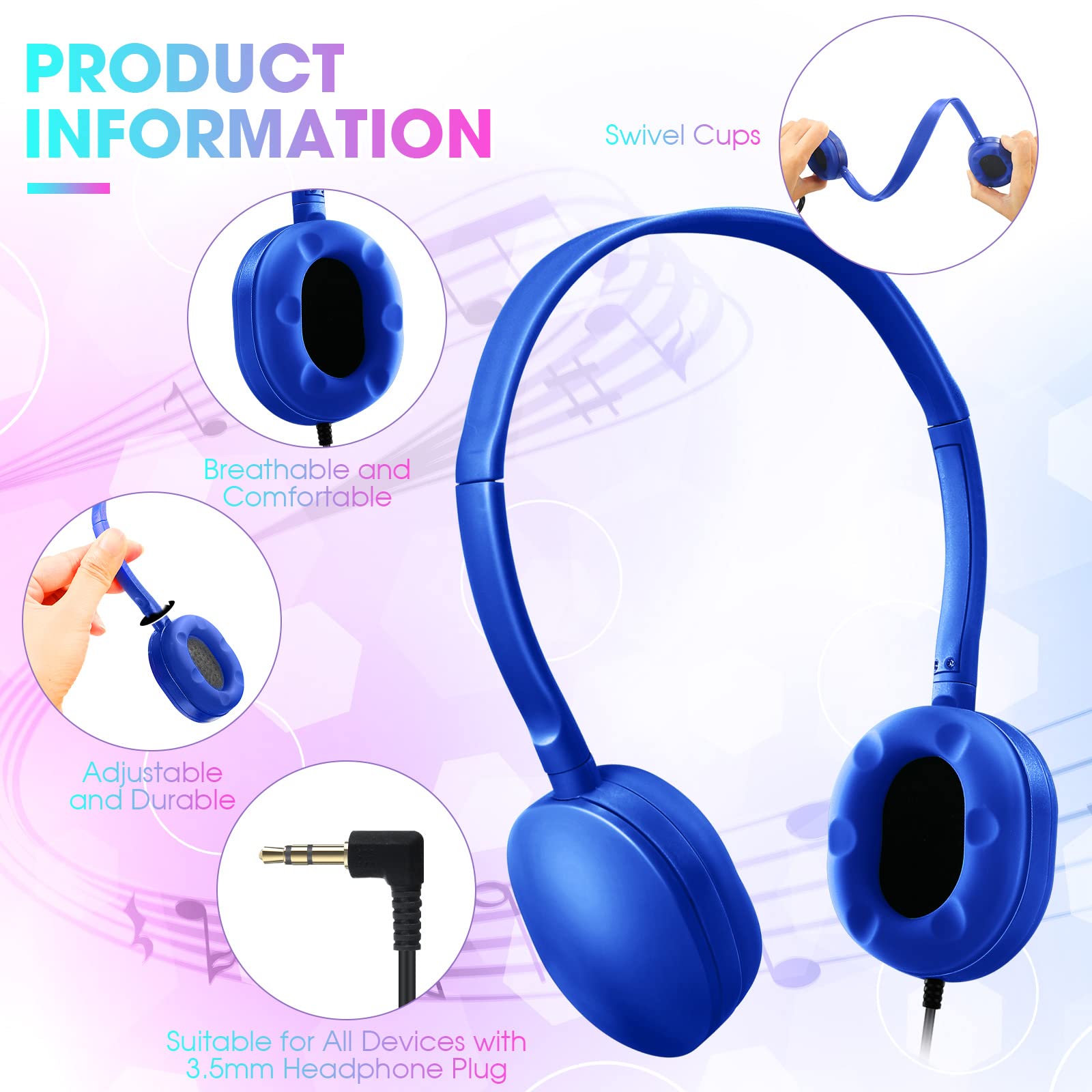 50 Pack Bulk Classroom Headphones Colorful Student Wired Headphone Comfortable Adjustable On Ear Headphone with 3.5 mm Headphone Plug for School Classroom Kids Adults Testing Libraries Airplane Travel