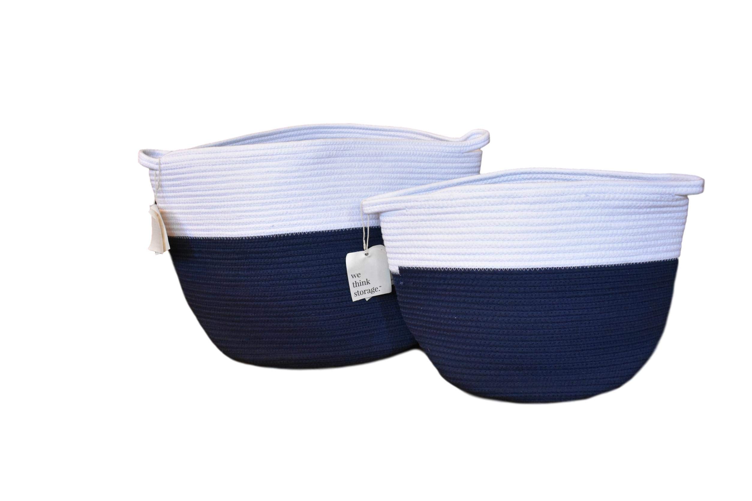 StorageWorks 100% Natural Cotton Rope Hand-Woven Basket- Two Color Design- White & Navy Blue- 2 Pack
