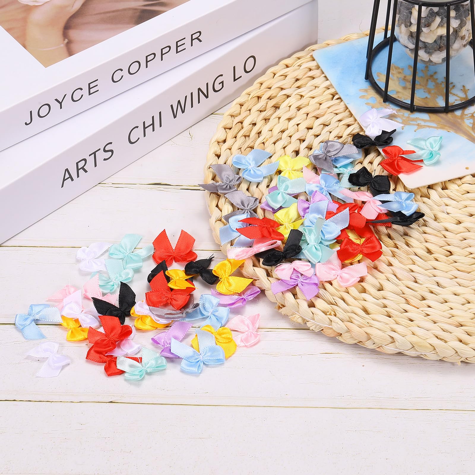 MECCANIXITY 50Pcs Mini Ribbon Bow 1" Mini Fabric Satin Ribbon Flower Bows for Craft DIY Sewing Wedding Birthday Party Pink