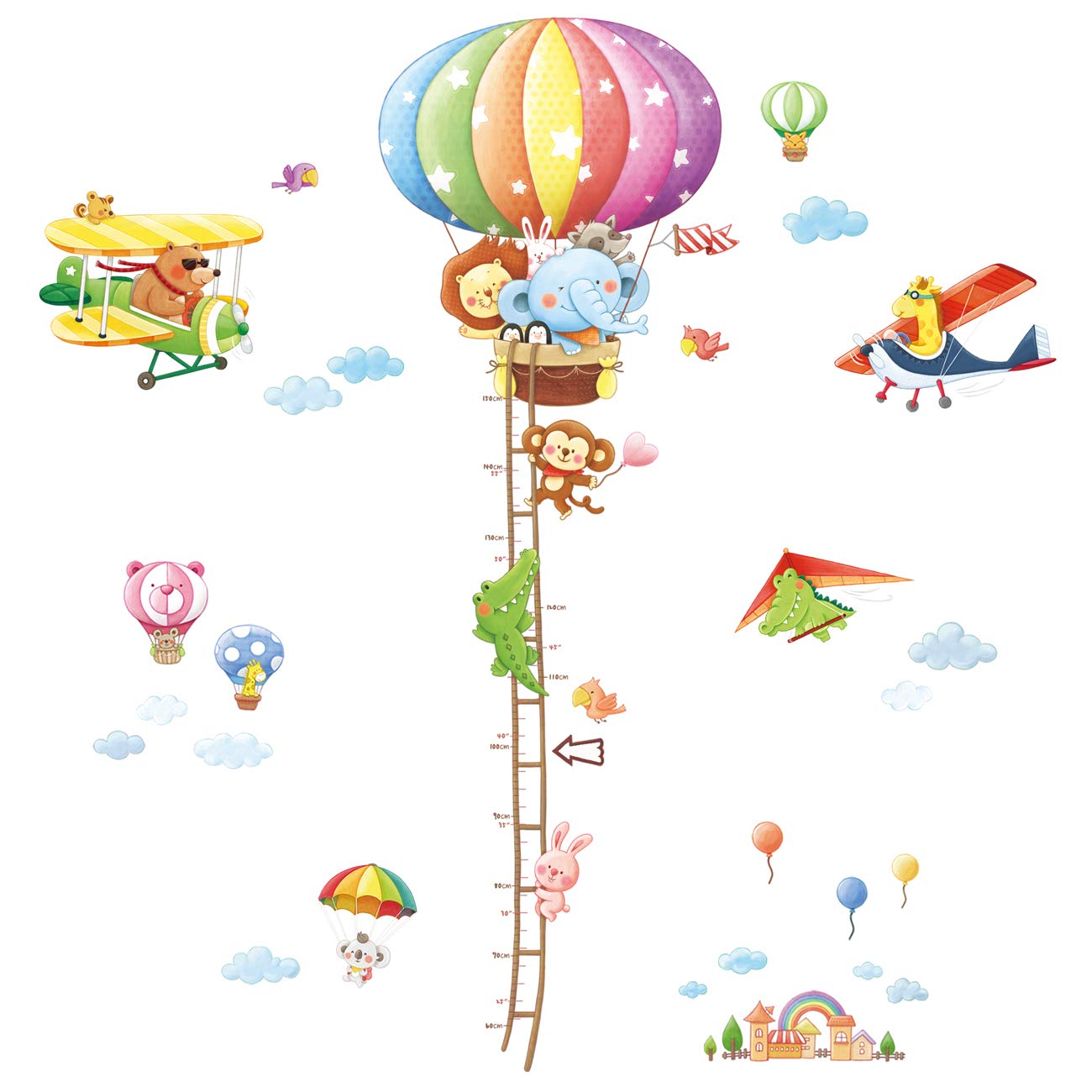 DECOWALL DA-1606N1506C Animal Hot Air Balloon Height Growth Chart and Biplanes Kids Wall Stickers Wall Decals Peel and Stick Removable Wall Stickers for Kids Nursery Bedroom Living Room d?cor