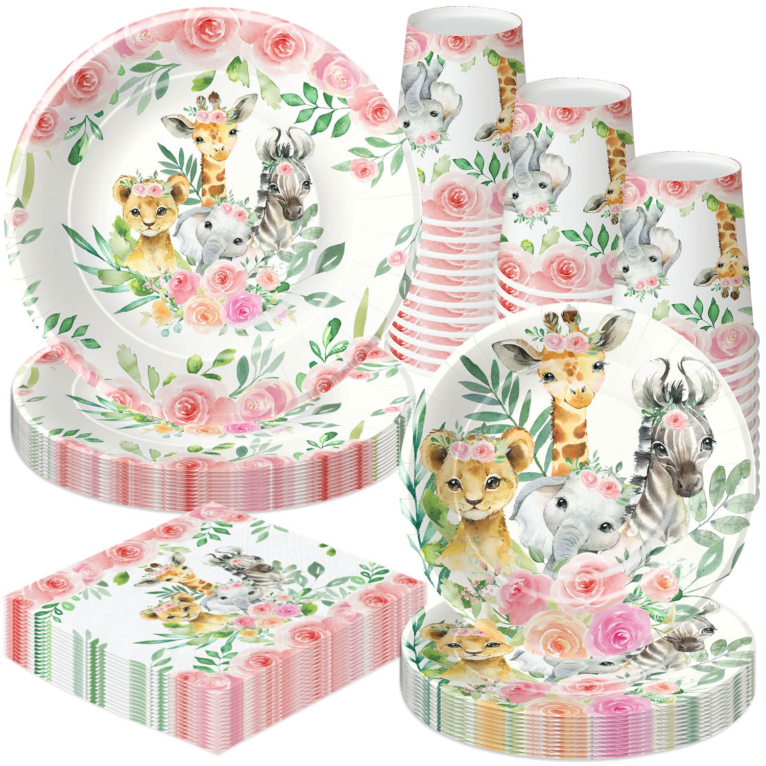 HIPVVILD Safari Jungle Theme Party Supplies for Girl - Animal Safari Birthday Baby Shower Decorations Tableware Include 9" Plates, 7" Plate, Cup, Napkin, Jungle Safari Party Decorations | Serve 48
