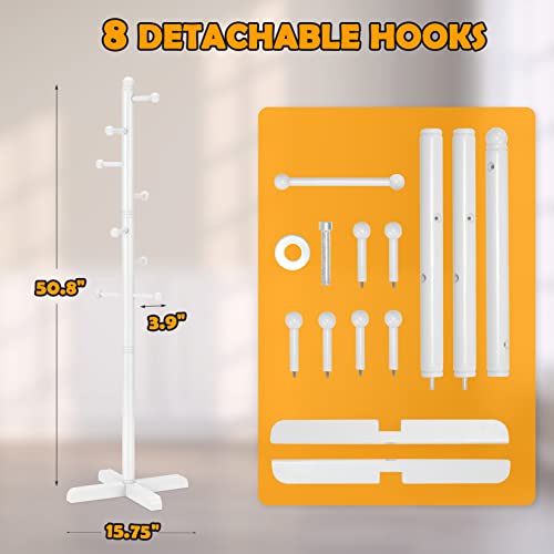 Azaeahom Cross Coat Rack Freestanding Clothing Hanger Home Racks, Wooden Coat Tree Stand with 8 Hooks 2 Adjustable Height, Easy Assembly in Entryway, Room for Hat, Umbrella etc (White)