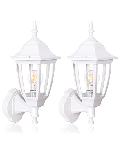 FUDESY Outdoor Wall Lantern, Exterior Waterproof Wall Sconce Light Fixture, White Front Porch Light Wall Mount for Garage, Patio, Yard, FDS2542EW (Bulb Included) 2-Pack