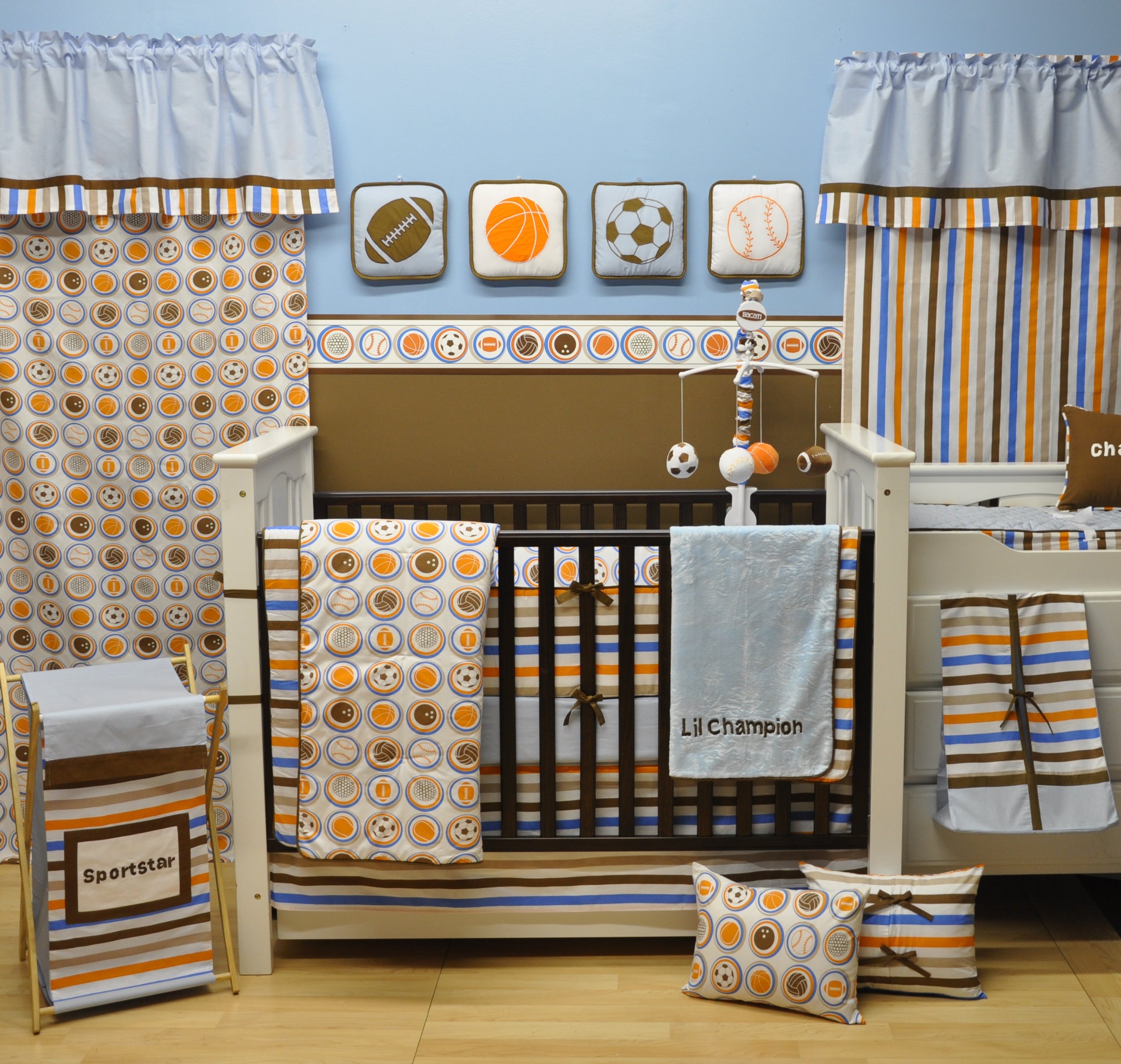 Bacati Crib Fitted Sheets, Mod Sports Blue/Orange/Chocolate (Pack of 2) (BISPBODO2CFS)