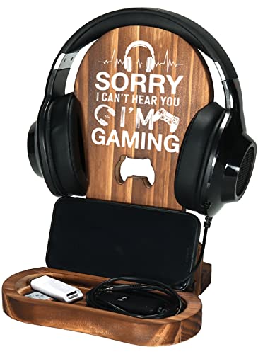Gamer Gifts for Teenage Boys, Gaming Headphone Stand for Men, Gaming Room Decor Wooden Headset Holder, Son Boyfriend Husband Game Lover Gifts -Sorry I Can't Hear You I'm Gaming