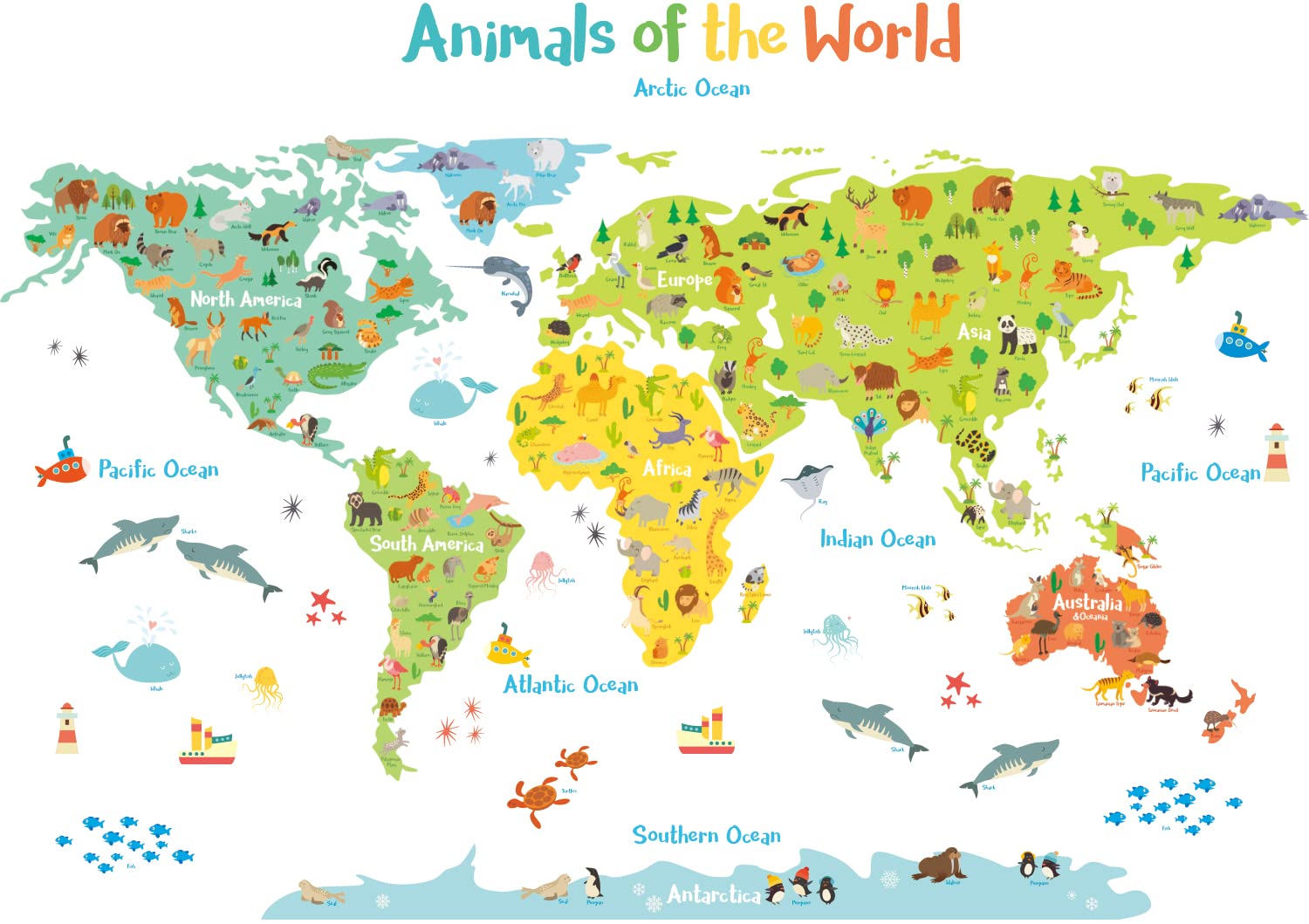 DECOWALL DL-1815 Animals of The World Kids Wall Stickers Wall Decals Peel and Stick Removable Wall Stickers for Kids Nursery Bedroom Living Room