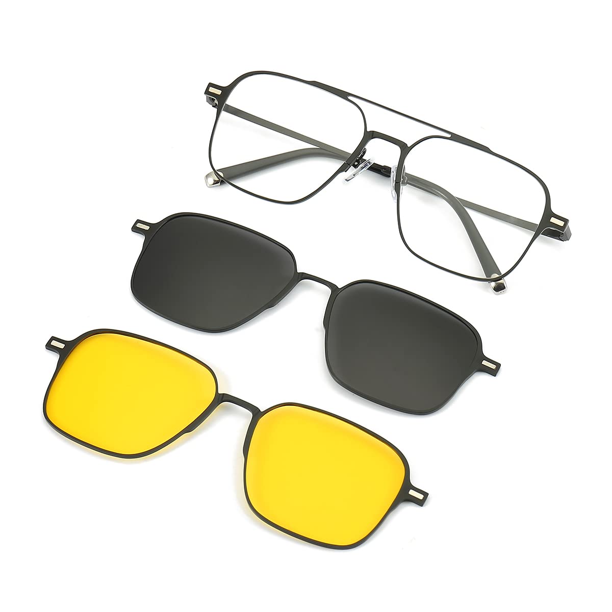 3PCS Magnetic Clip On Sunglasses for Men & Women Polarized UV Protection Retro Square Night Driving Glasses (Black)