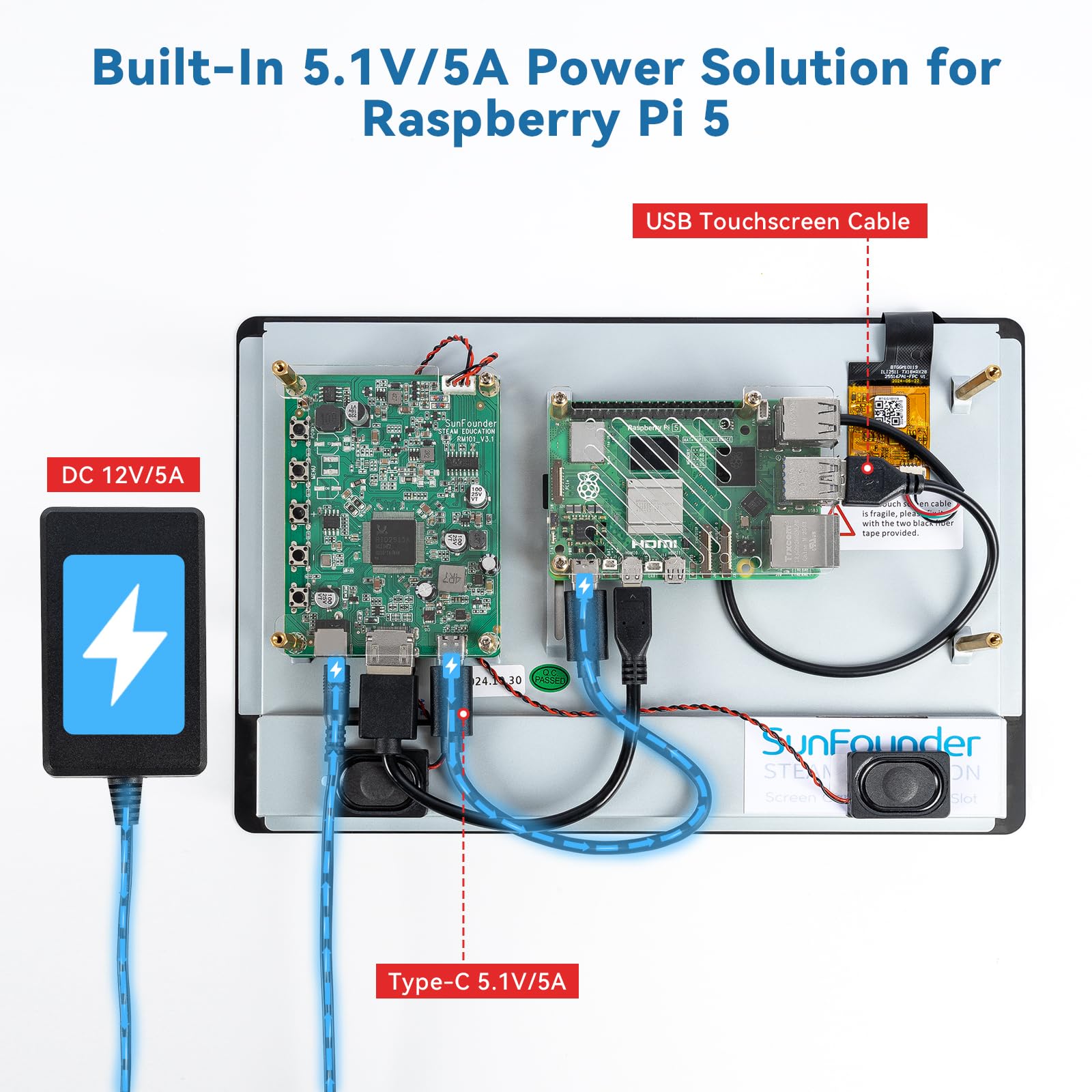 SunFounder Latest 10 Inch DIY Touch Screen for Raspberry Pi 5, IPS HD 1280x800 LCD, HDMI, DC 12V/5A, Output 5V/5A, 10-Point Touch, No Driver, Dual Speakers, 16:10, Compatible with RPi 5/4/3/Zero 2W