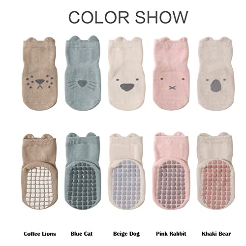 Exegawe Toddler Non Slip Socks, Cute Baby Socks with Grips Crew Socks 5 Pairs(S/6-12m)