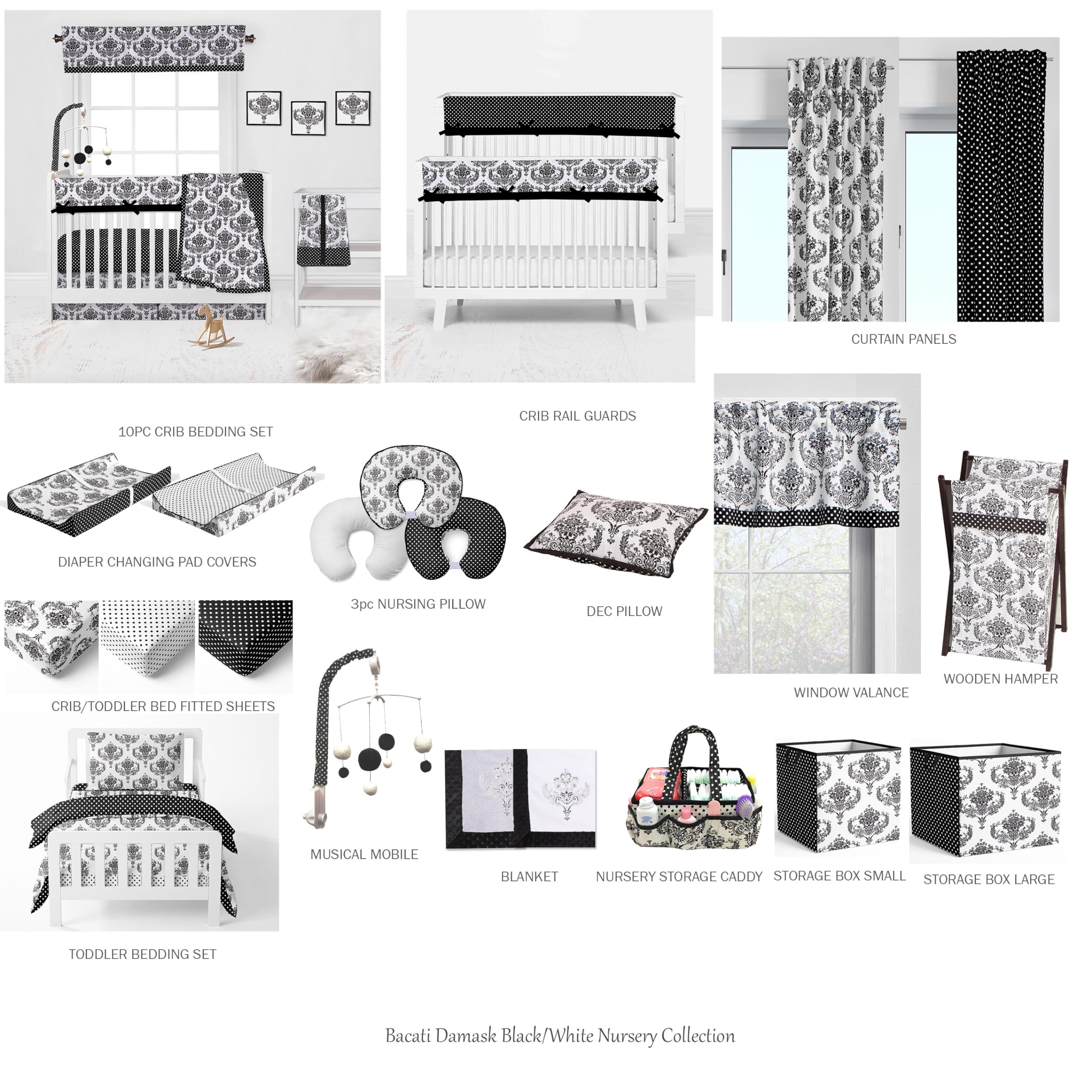 Bacati- Classic Damask White/Black Crib Fitted Sheet