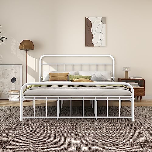 alazyhome California King Bed Frame Metal Platform with Vintage Headboard and Footboard Easy Assembly No Box Spring Needed Steel Slat Support White