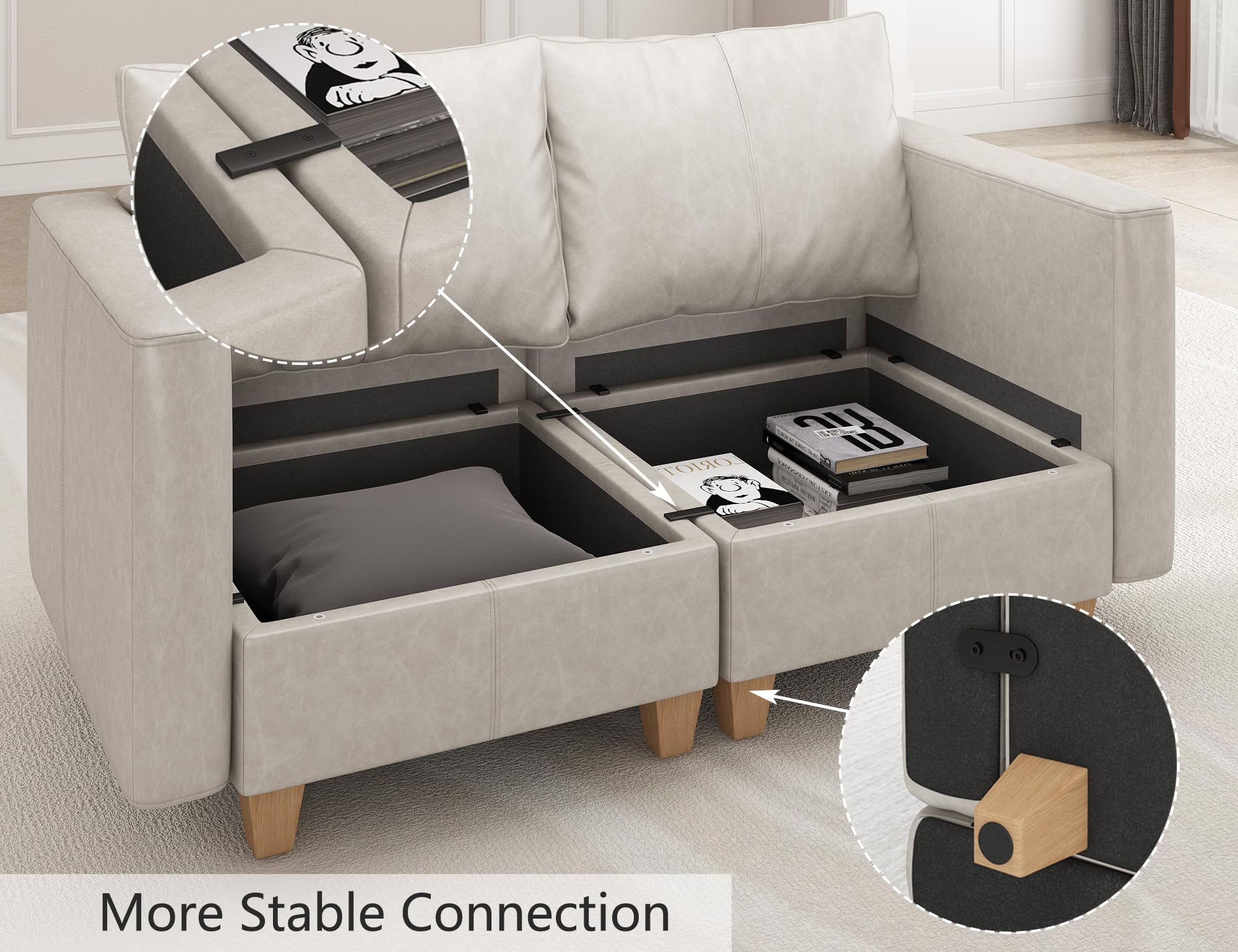 EASE MOOSE Modular Sectional Accent Chair with Storage Seat, Faux Leather Armchair Modern Single Sofa Club Chair for Living Room