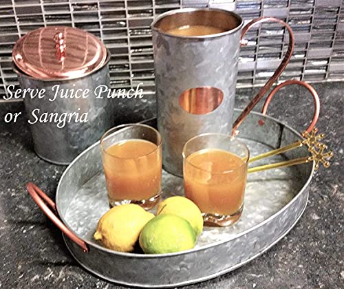 Galrose Rustic Galvanized Metal Serving Tray – Rose Gold Handles for Drinks Bar Table Centerpiece Sturdy Oval Decorative Serving Tray Platter. 6th Iron Anniversary Housewarming or Retirement Gift