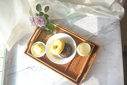 Hand-Woven Rattan Rectangular Serving Tray with Handles for Breakfast, Drinks, Snack for Coffee Table (14.5x10.2x1.4inches)