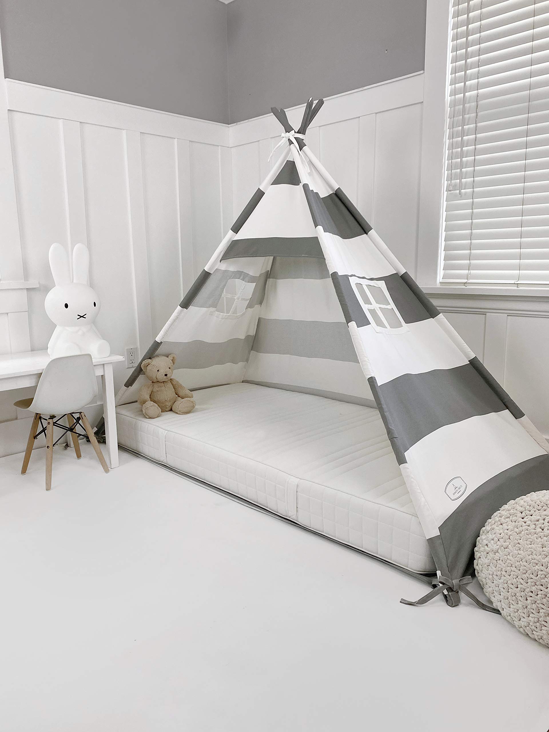 Domestic Objects | Play Tent Bed Canopy | Teepee for Mattress | 100% Cotton Canvas | Premium Quality (Twin/Single No Door) (Gray Stripes)