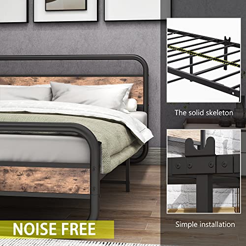 Albearing Queen Size Bed Frame with Wooden Headboard and Footboard, Heavy Duty Oval-Shaped Platform Bed with Under-Bed Storage, Steel Slats Mattress Foundation Round Pipe Design,Brown