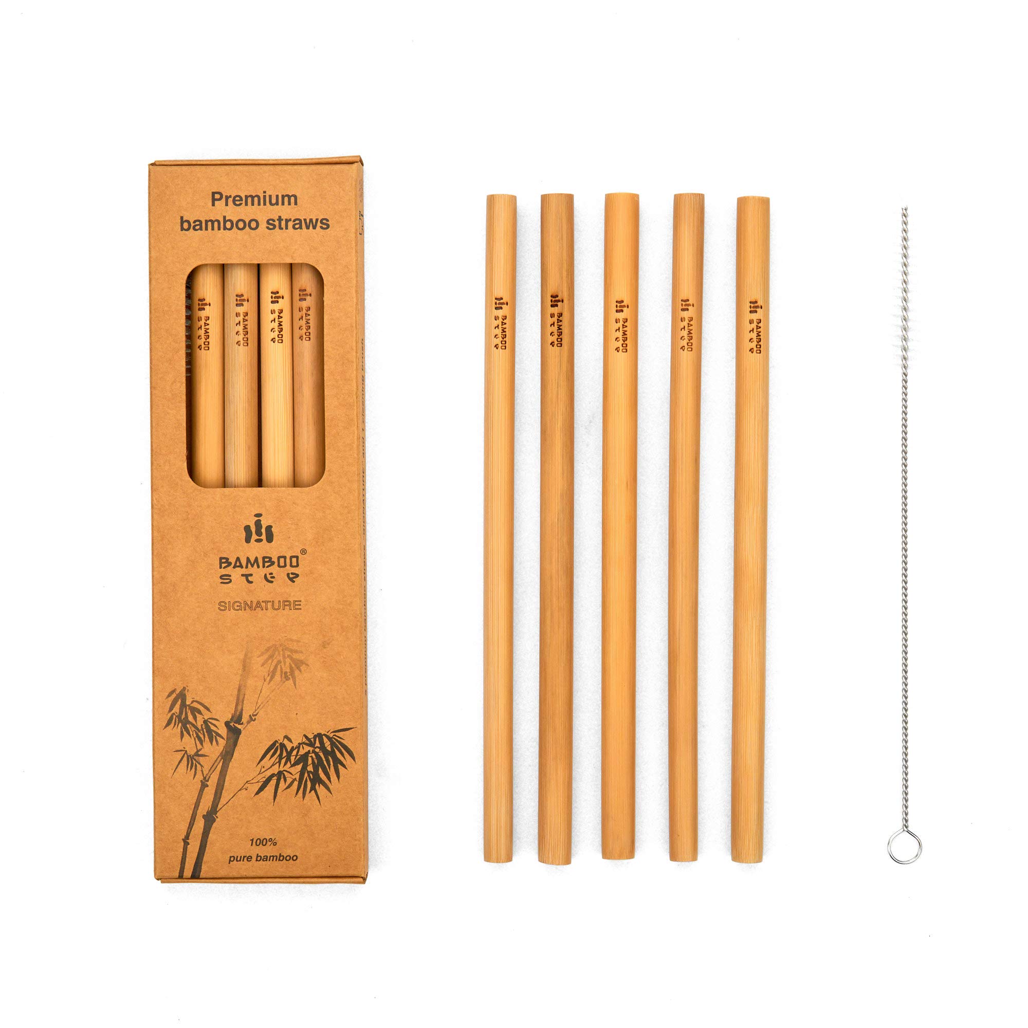 5 Bamboo Straw kit - Luxury Quality: 5 Reusable Straws of 20cm/7.9" from the SIGNATURE Line by Bamboo Step and a Cleaning Brush in a kraft paper box. (Regular Diameter Size: 0.35β / 9mm)