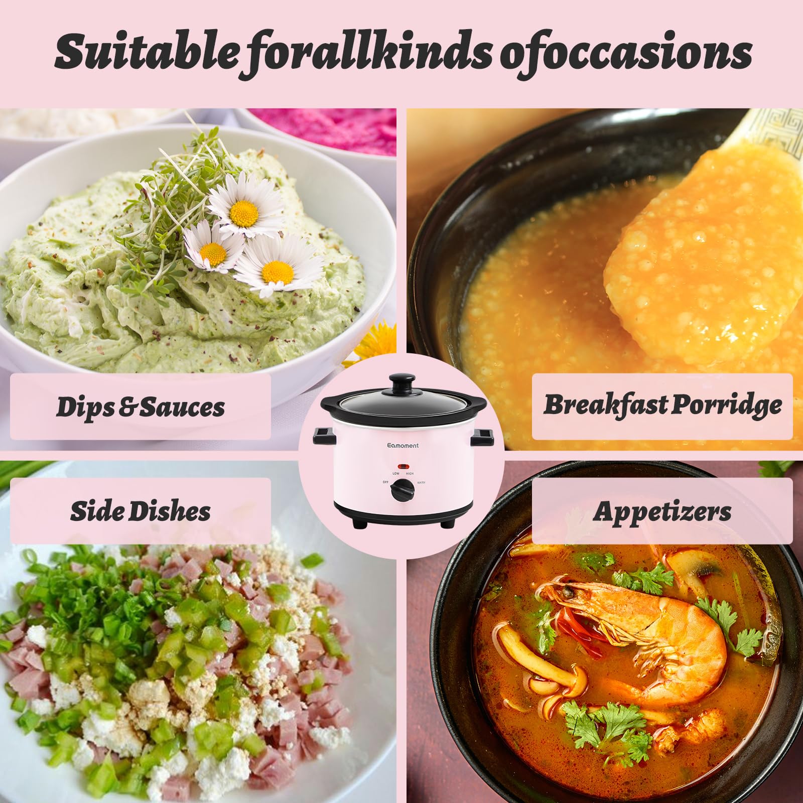 Small Slow Cooker Pink 1.5 Quart Mini Ceramic Pot Adjustable Temperature/Main Dishes/Sauces/Stews and Dips.Dishwasher-Safe Glass Lid and Pot
