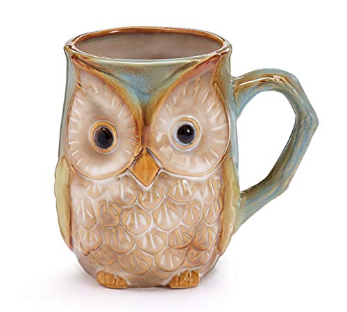 Burton & Burton 9730074 Mug Owl Coloring Printed on Surface, 4 1/4" H X 4 3/4" W X 3 1/2" D X 2 1/2" Opening. Holds 12 oz. , Blue/Green
