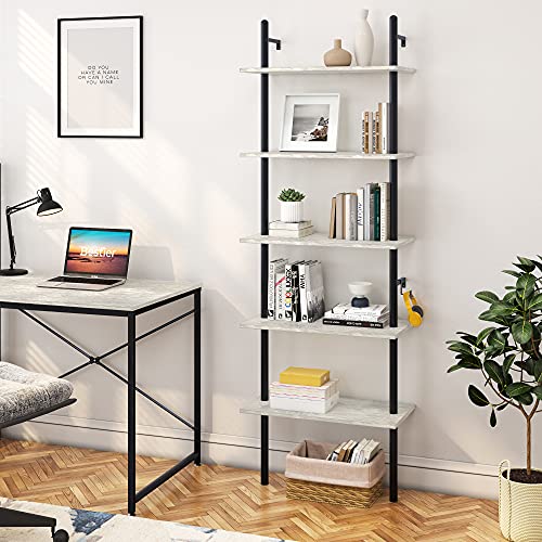 Bestier 70" Industrial Wall-Mounted Ladder Shelf 5 Tier Bookshelf with Storage Organizer Plant Flower Display Stand Round Tube Bookcase Rack with 2 Hooks for Home Office, Gray