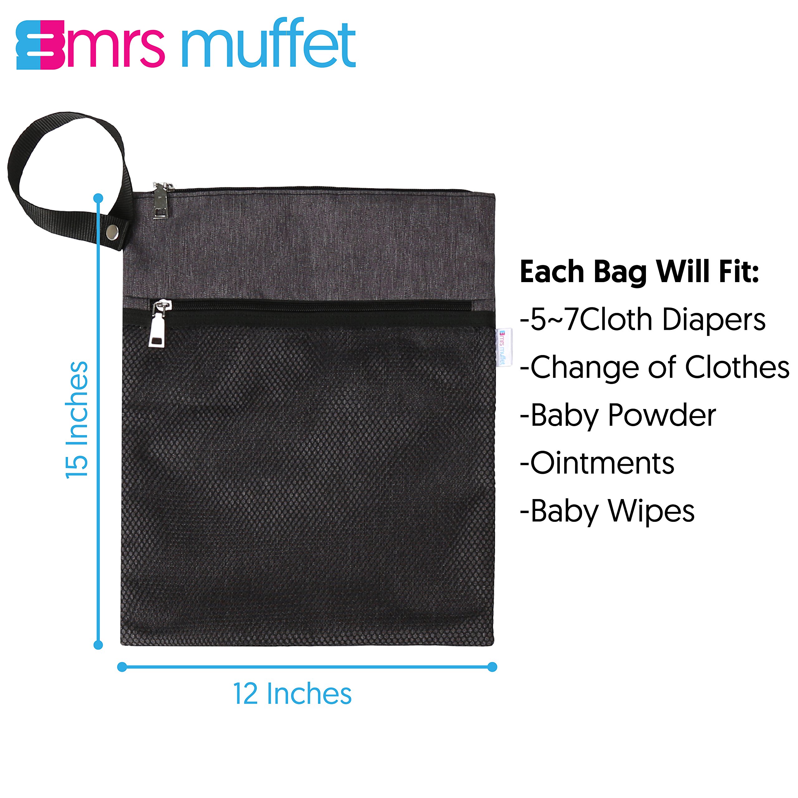 Wet Dry Bag for Cloth Diapers or Swimwear, Waterproof and Reusable with Snap Handle - by Mrs Muffet (Grey)