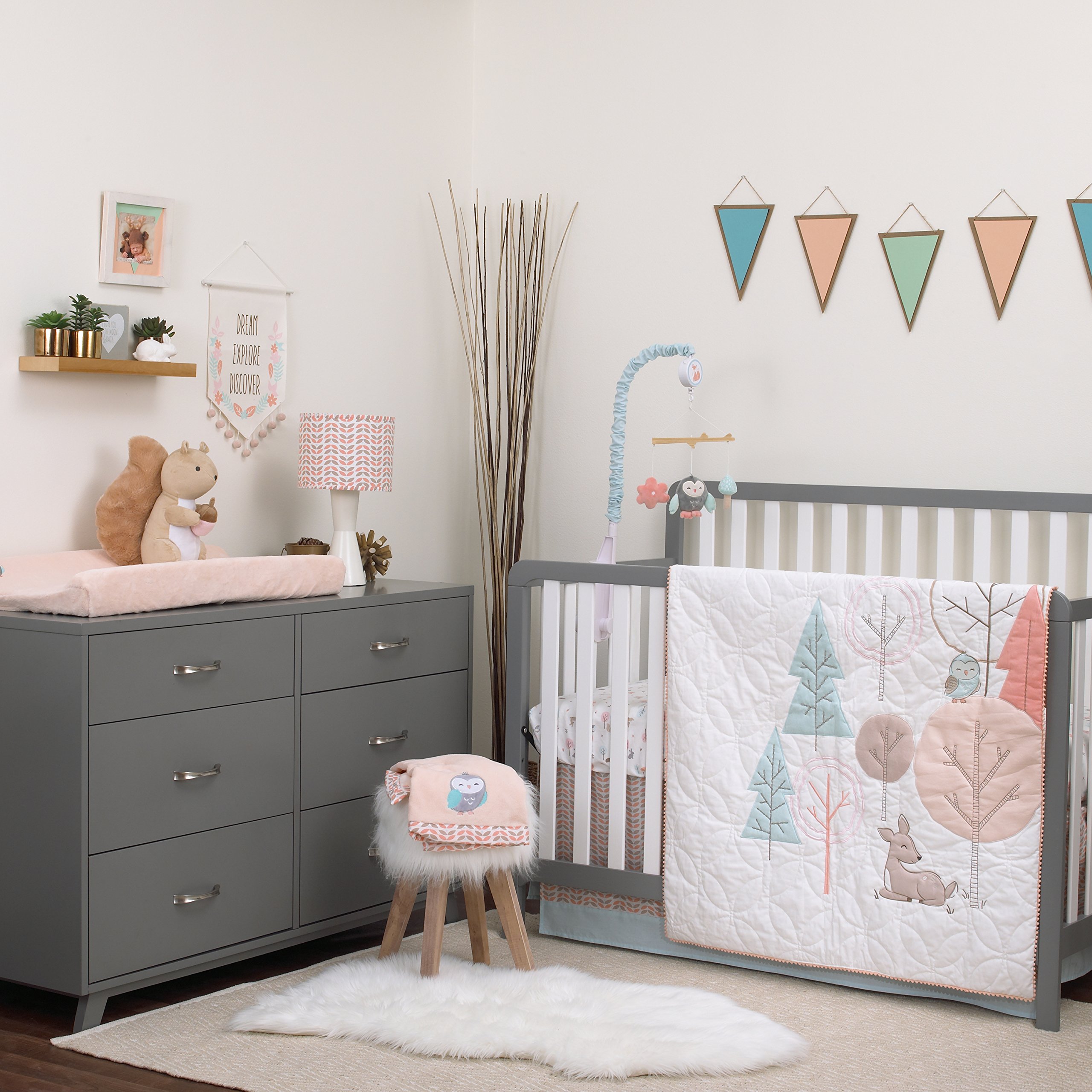Carter's Woodland Meadow Forest/Deer/Owl 100% Cotton Fitted Crib Sheet, Pink/Aqua/White