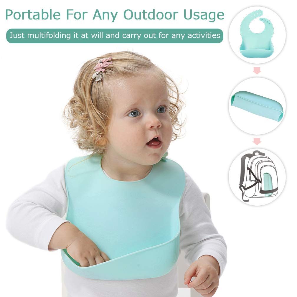 Maveek 2 Pack Silicone Baby Bib, Waterproof Babies Feeding Bib Adjustable Rubber Baby Bibs with Food Catcher Pocket for Toddlers, Easily Wipe Clean, Green & Pink